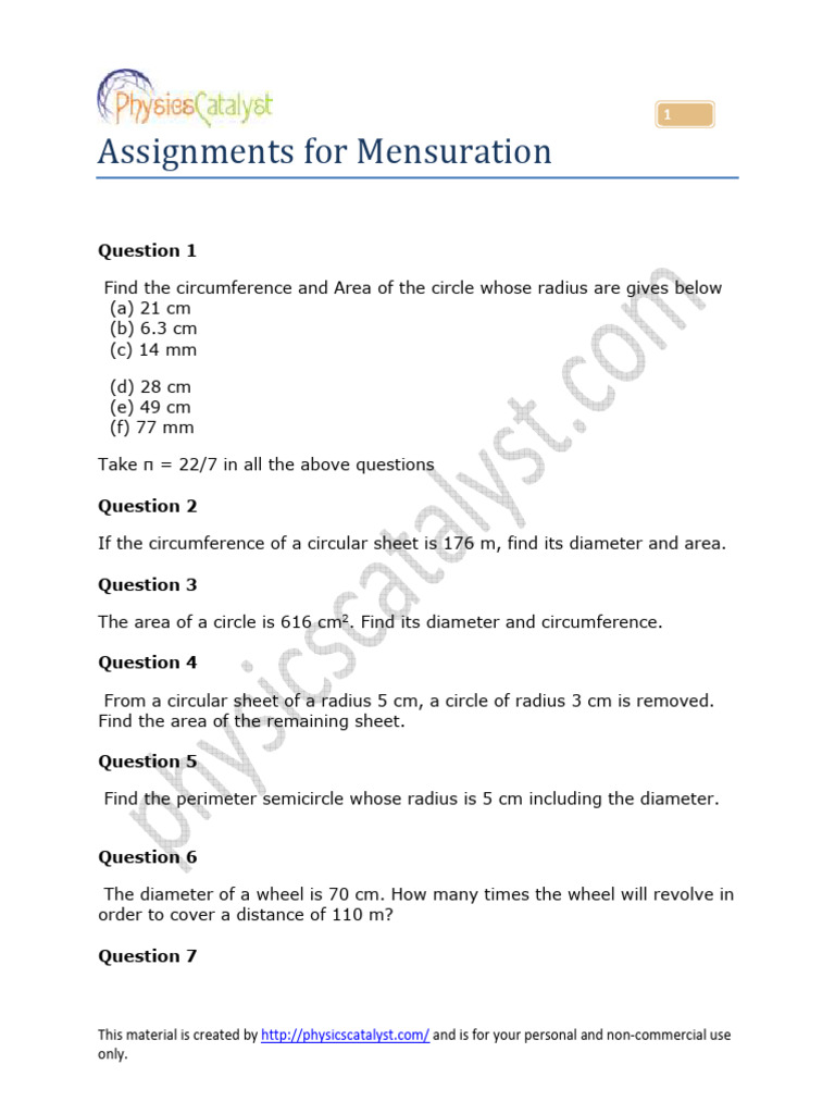 Mensuration Assignments for Circles | PDF