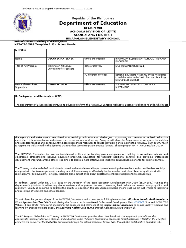 WAP For School Heads Hinapolon ES | PDF | Curriculum | Teachers