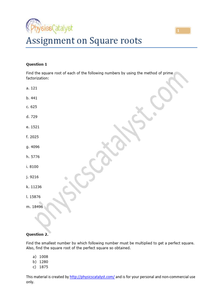 Class8 Assignments Square Roots 8 | PDF