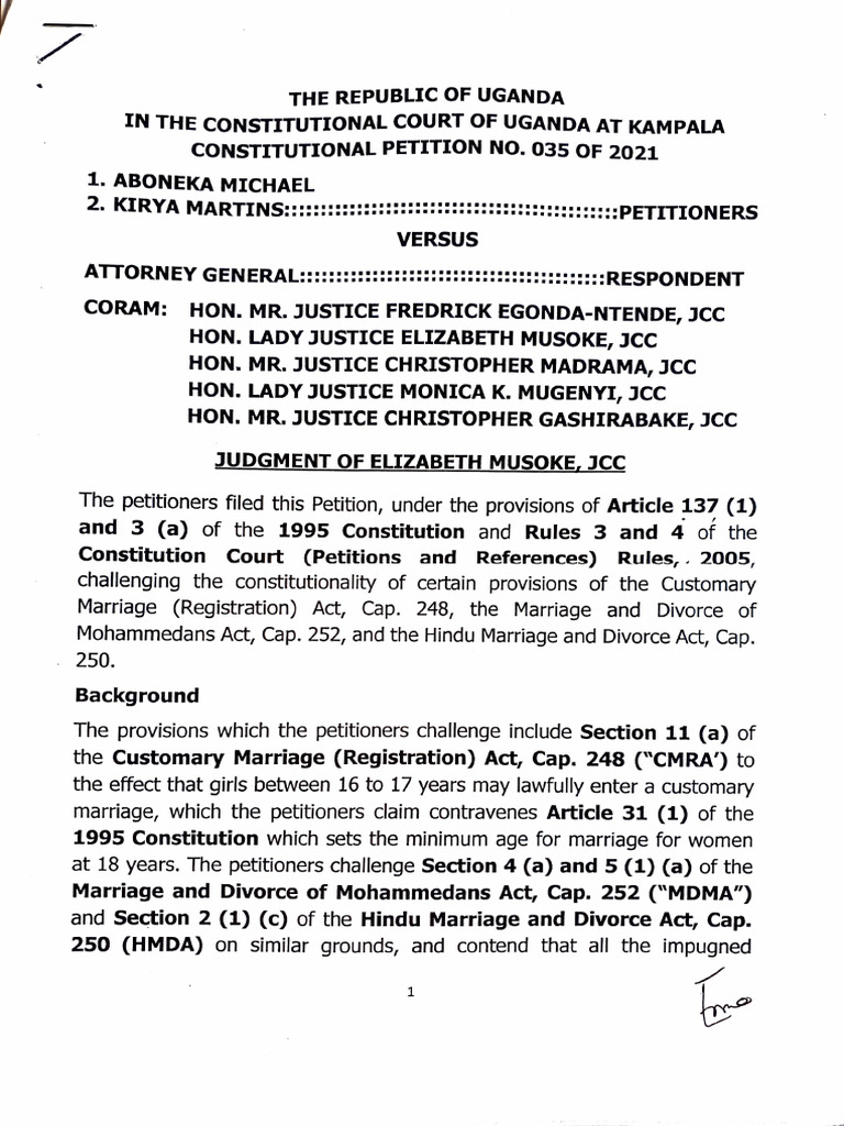 Uganda Constitutional Petition on Child Marriage | PDF | Marriage | Legal Guardian