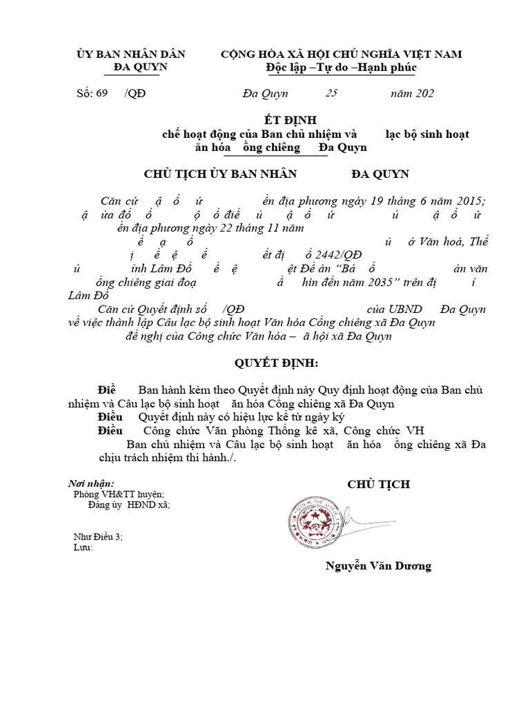 Quy Che Hoat Dong Cua Ban Chu Nhiem CLB VH XA | PDF