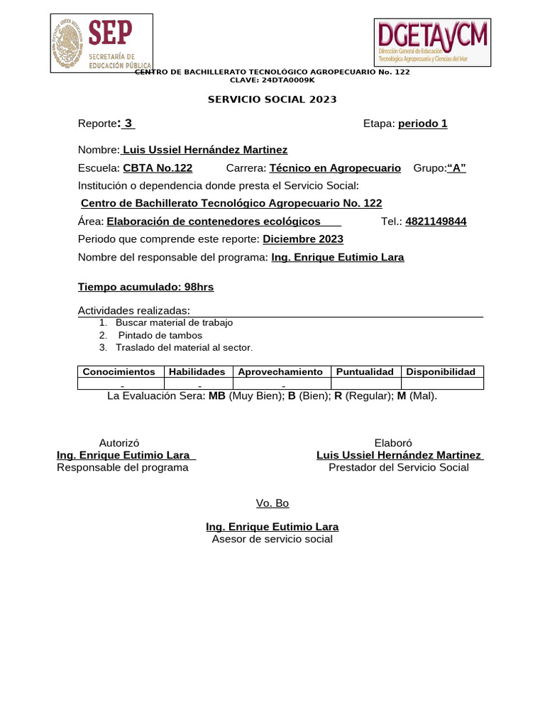 Reporte De Servicio Social 2023 Cbta 122 Pdf
