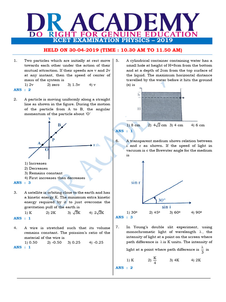 Kcet pyqs of 2019 | PDF | Electron | Force