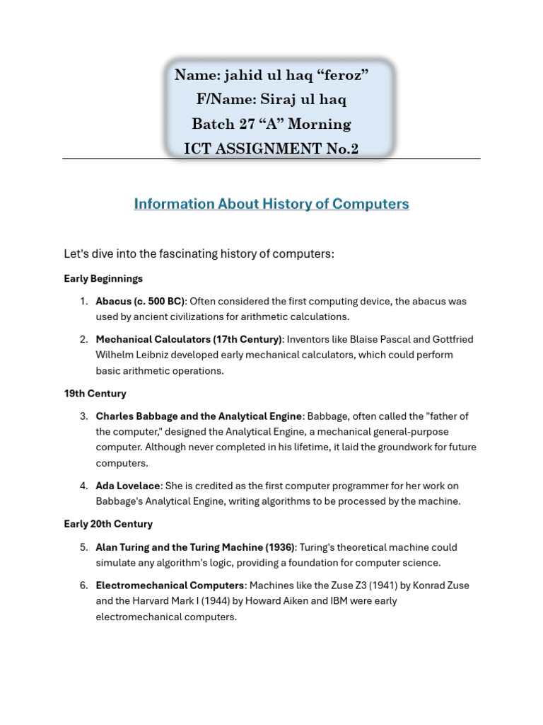 Ict Second Assignment History, Types Adn Generation of Copmuters | PDF | Personal Computers ...