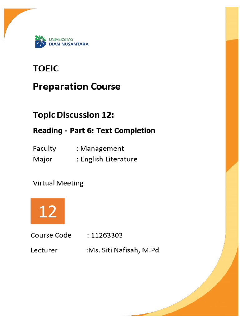 Module 12 - TOEIC Preparation 1 - PART 6 TEXT COMPLETION | PDF | Verb | Perfect (Grammar)