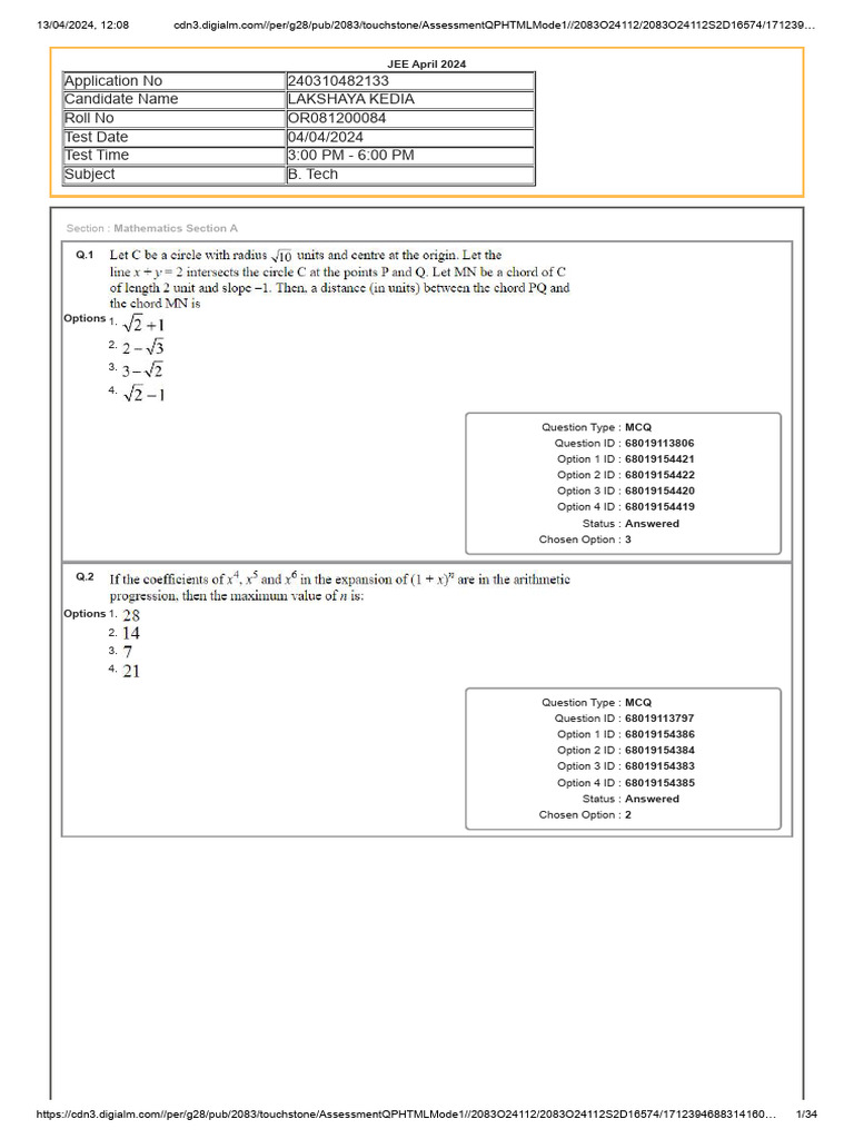 Answer Key Jee | PDF | Multiple Choice | Evaluation Methods