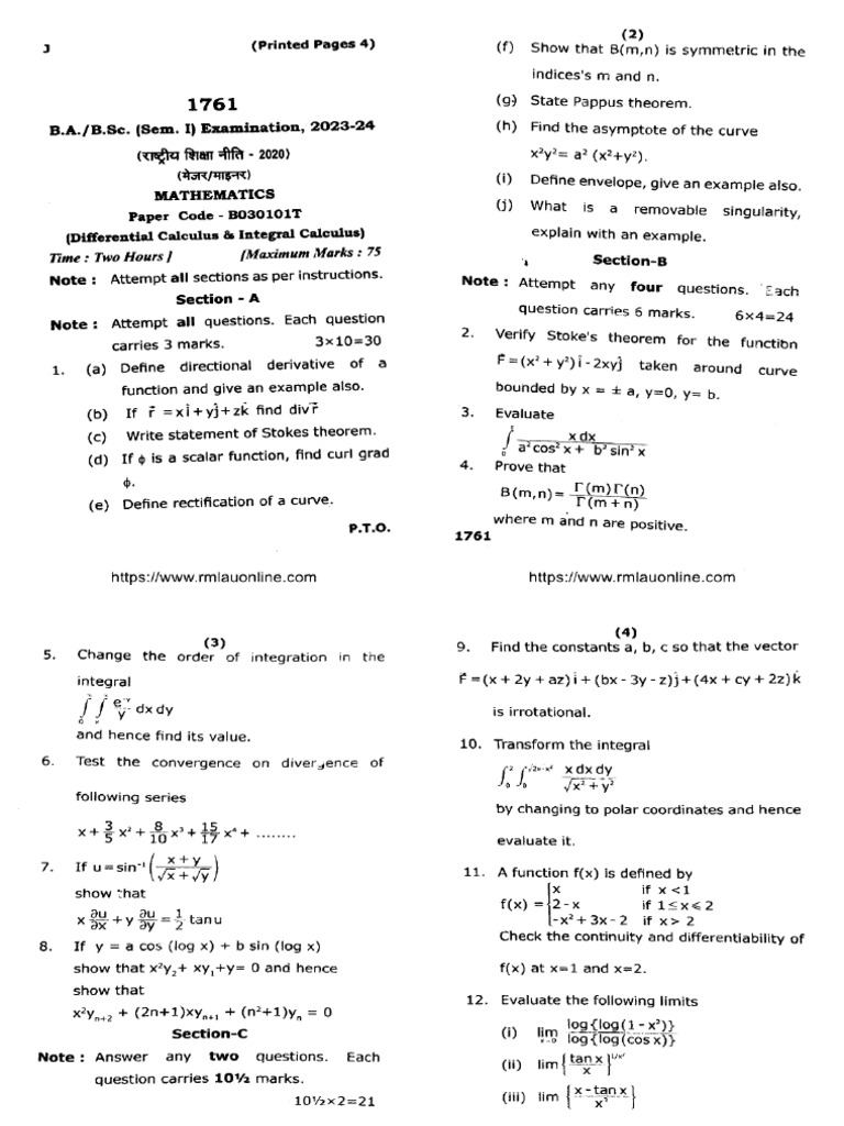 Ba BSC 1 Sem Mathematics Differential Calculas and Inte Cal 1761 2024 | PDF