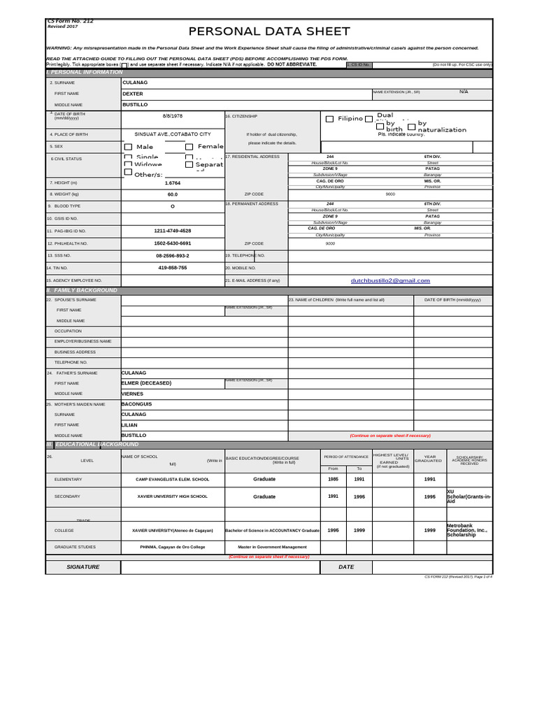 CS Form No. 212 Revised Personal Data Sheet - Recent | PDF