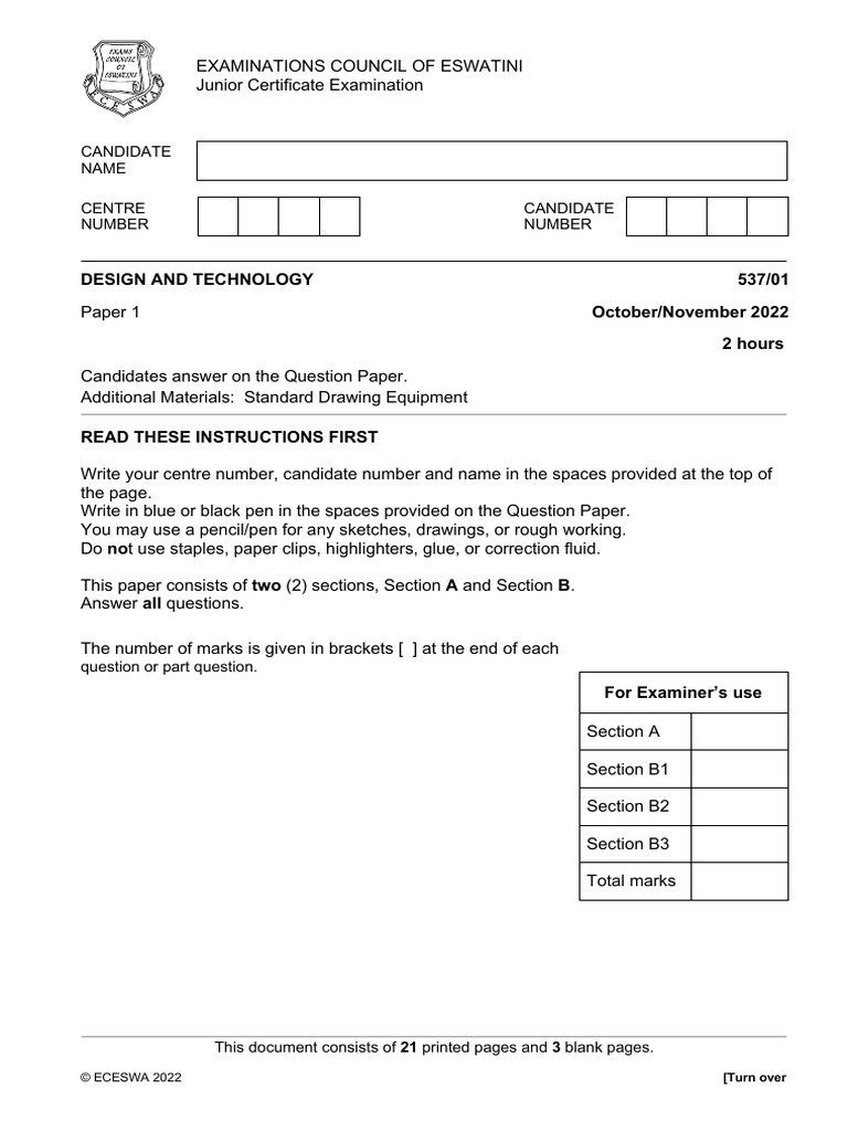 Design and Technology Paper 1 - Nov 2022 | PDF | Geometry | Lever