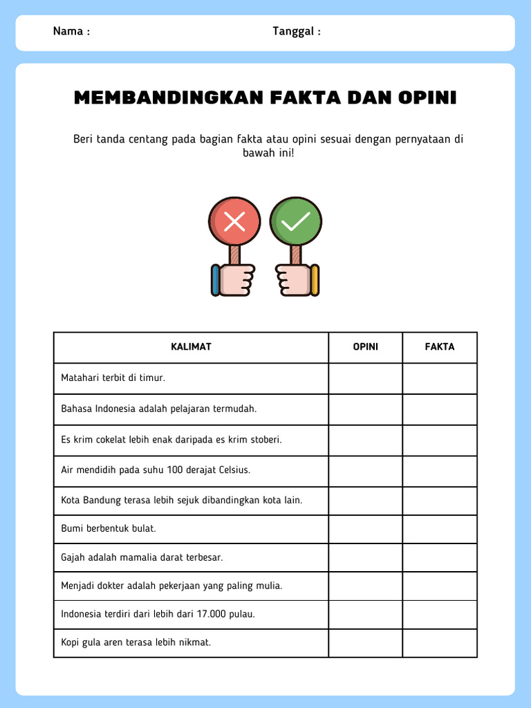 Lembar Kerja Membandingkan Fakta Dan Opini Biru Ilustrasi Sederhana | PDF