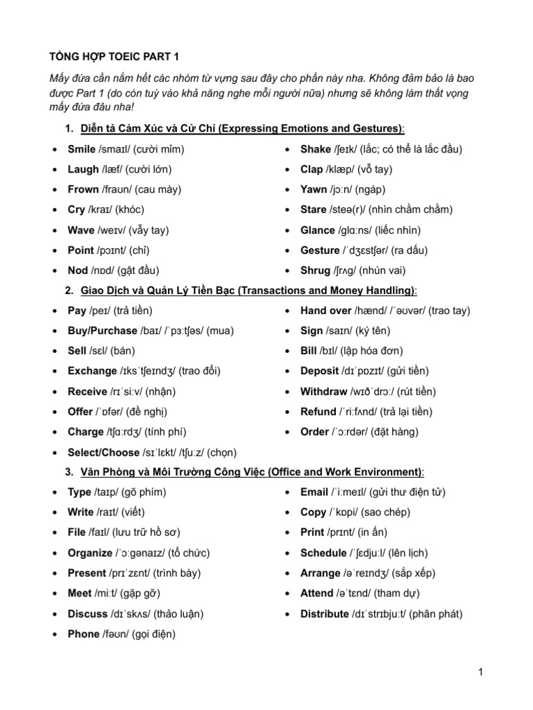 TỔNG HỢP TỪ VỰNG PHẢI BIẾT TRONG TOEIC PART 1 | PDF