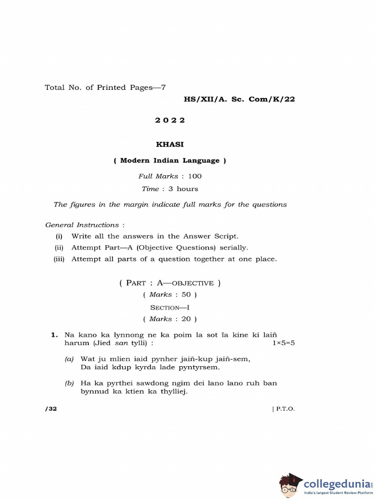 MBOSE Class 12 Khasi Exam 2022 | PDF