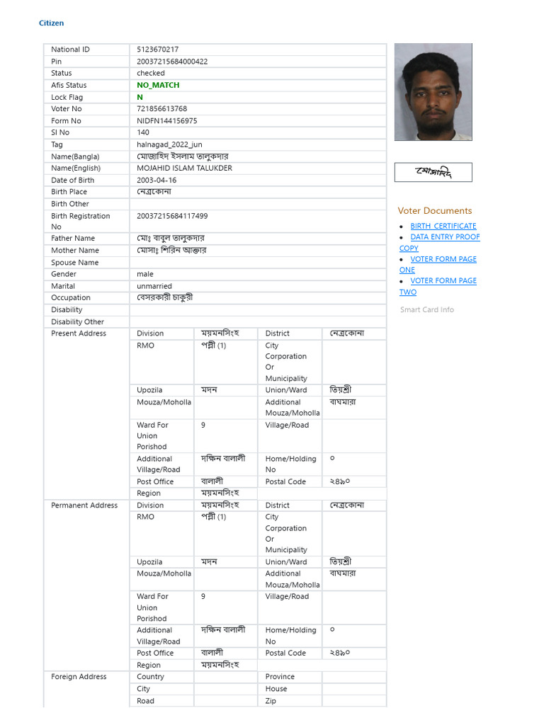 National ID Details for Mojahid Islam | PDF