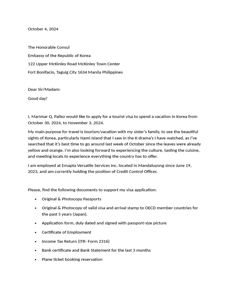 Korean Visa - Letter | PDF