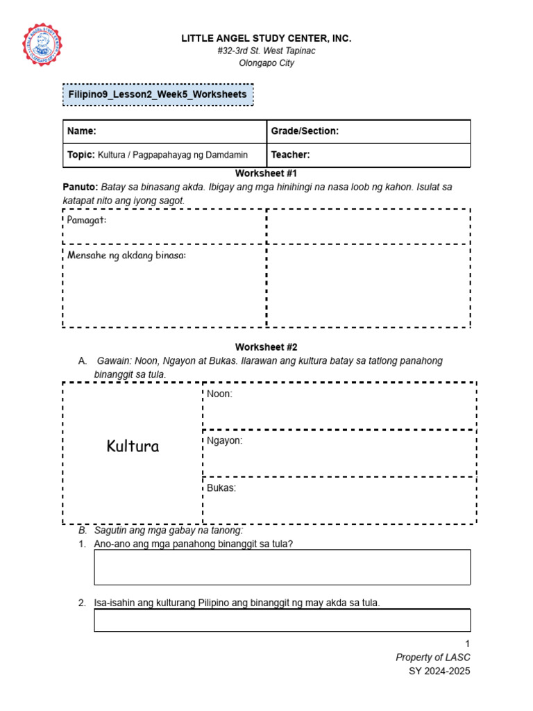 Filipino9 Lesson2 Week5 Worksheets | PDF
