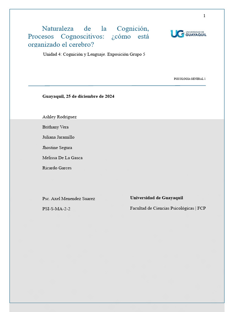 Naturaleza de La Cognición. GRUPO 5 | PDF | Cerebro | Hemisferio cerebral