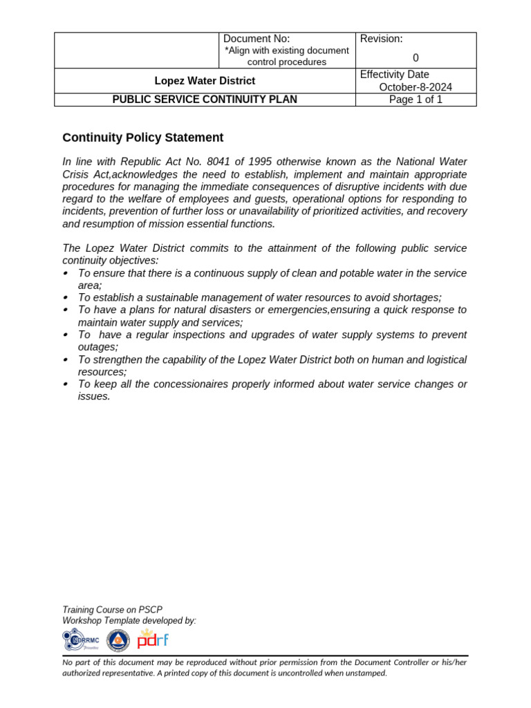 Form 1 Continuity Policy Statement Public Service Continuity LWD | PDF