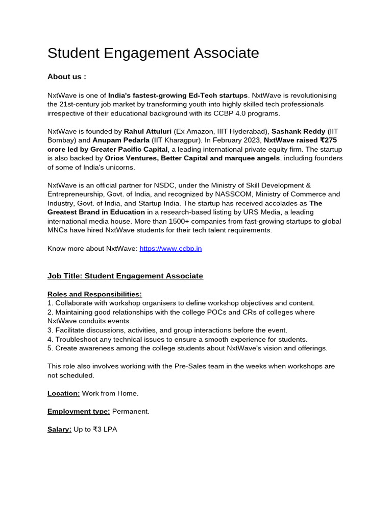 Student Engagement Associate Role at NxtWave | PDF | Startup Company ...