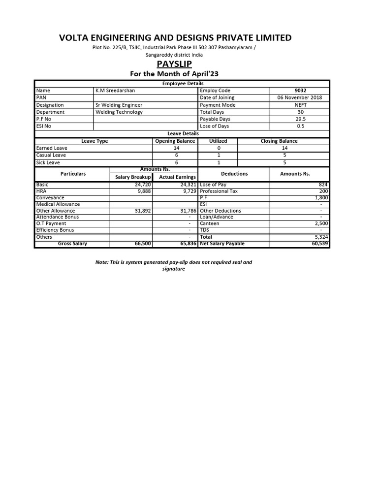Volta Engineering and Designs Private Limited Payslip: For The Month of April'23 | PDF | Salary ...