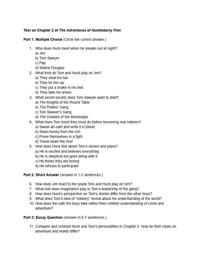 Chapter 2 Huckleberry Finn Test | PDF