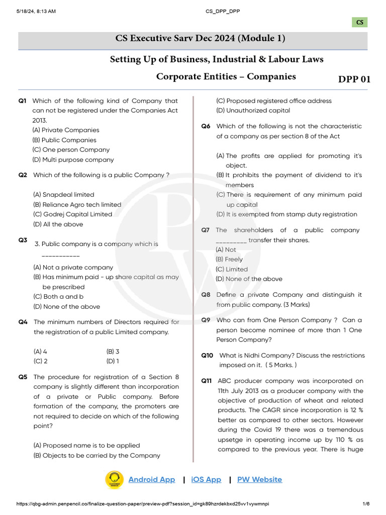 Corporate Entities - Companies - DPP 01 (Of Full Chapter) | PDF | Loans | Banks