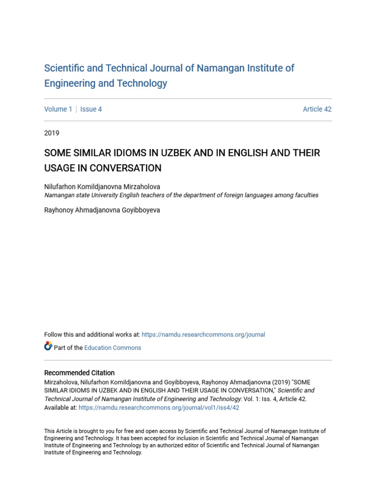 Some Similar Idioms in Uzbek and in English and Their Usage in C | PDF ...