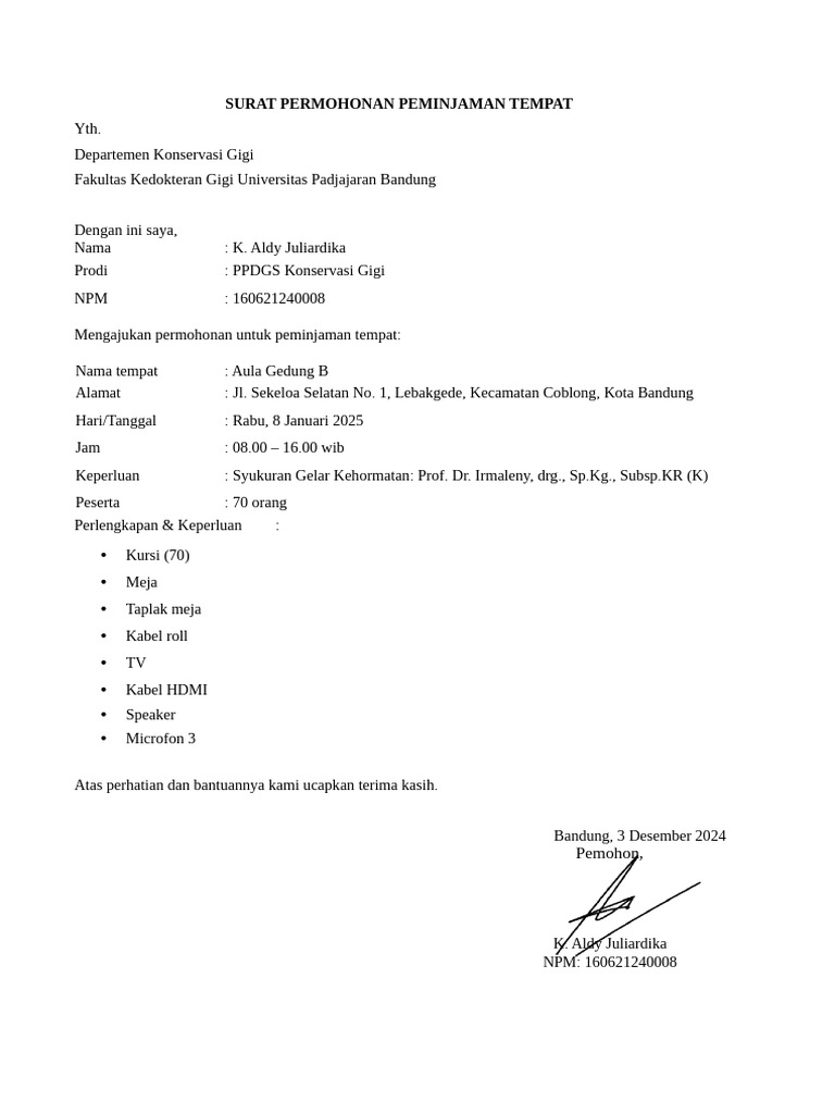 SURAT Peminjaman Ruangan Prof Irma | PDF SURAT Peminjaman Ruangan Prof Irma | PDF