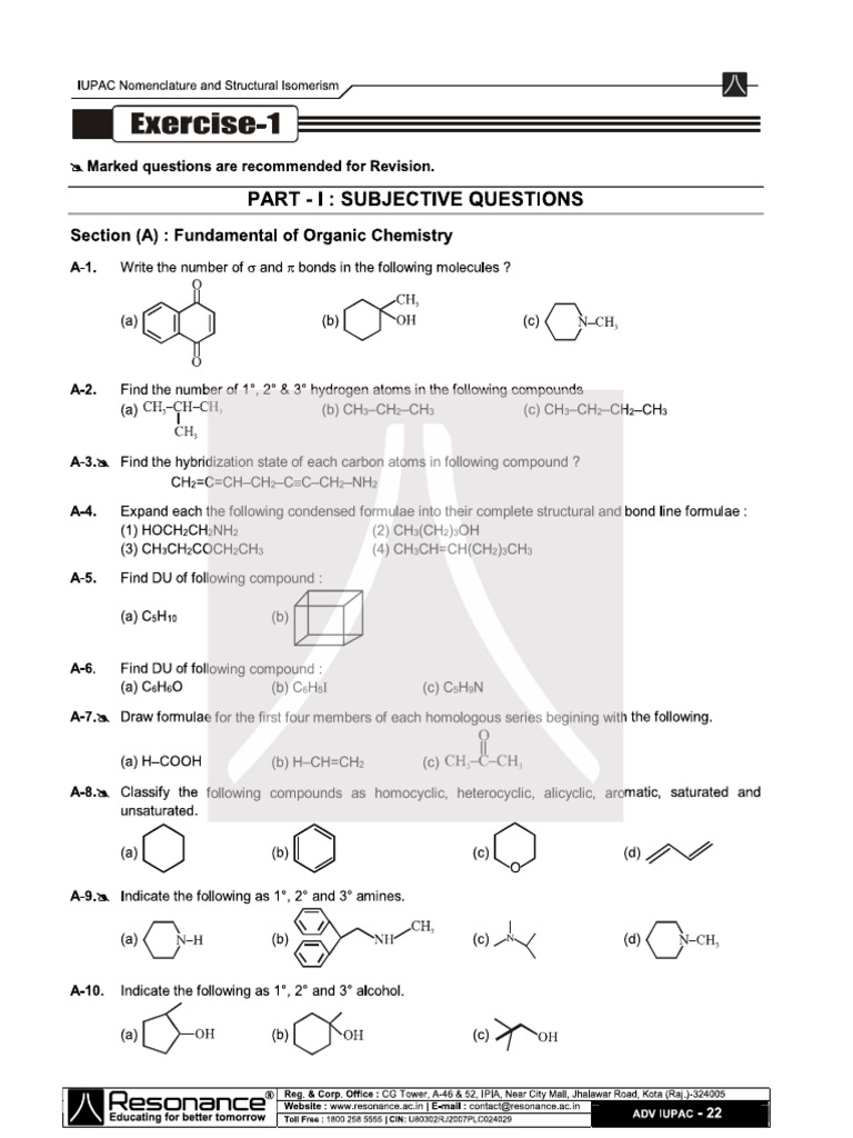 IUPAC Nomenclature & Structural Isomerism Exercise With Answer | PDF