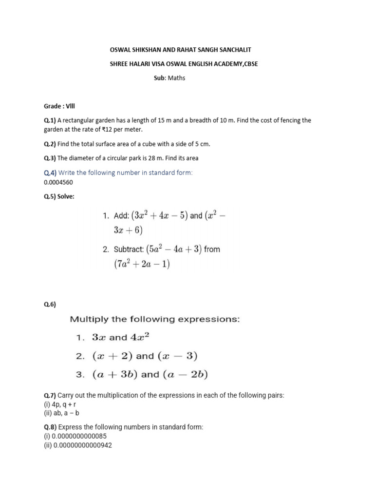 Question Bank (Mathematics) | PDF