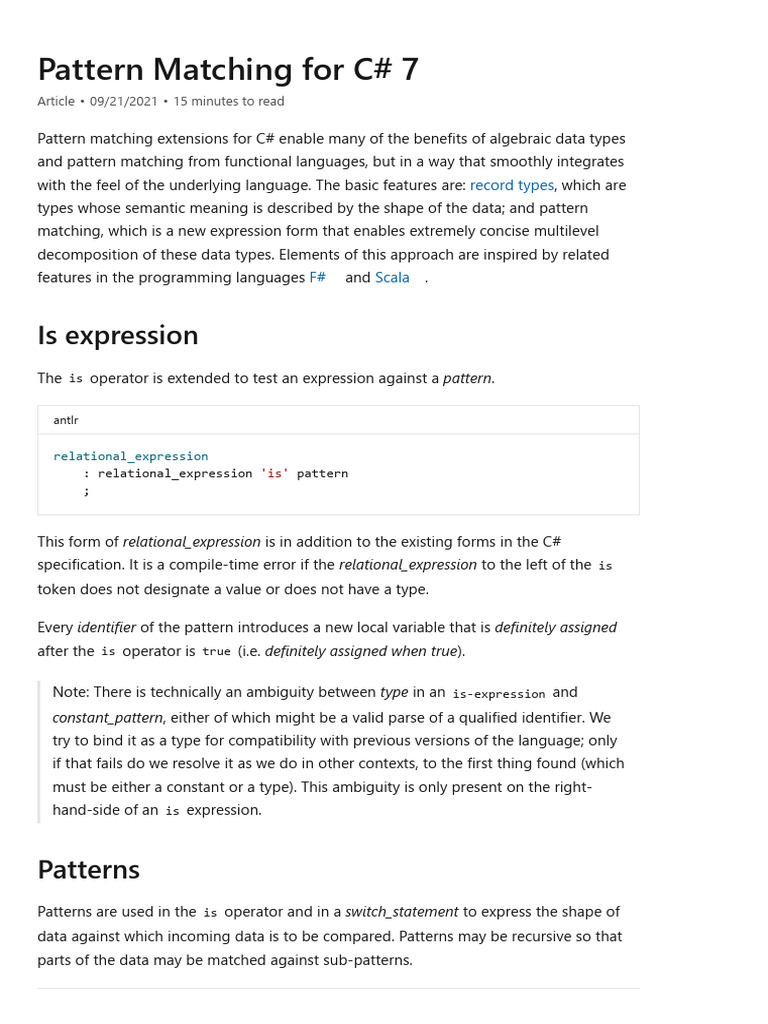 Pattern Matching - C# 7.0 Draft Specifications - Microsoft Learn | PDF | Parameter (Computer ...