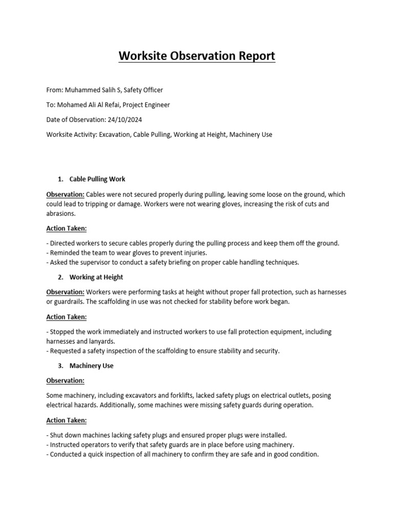 Worksite Observation Report | PDF | Personal Protective Equipment | Safety