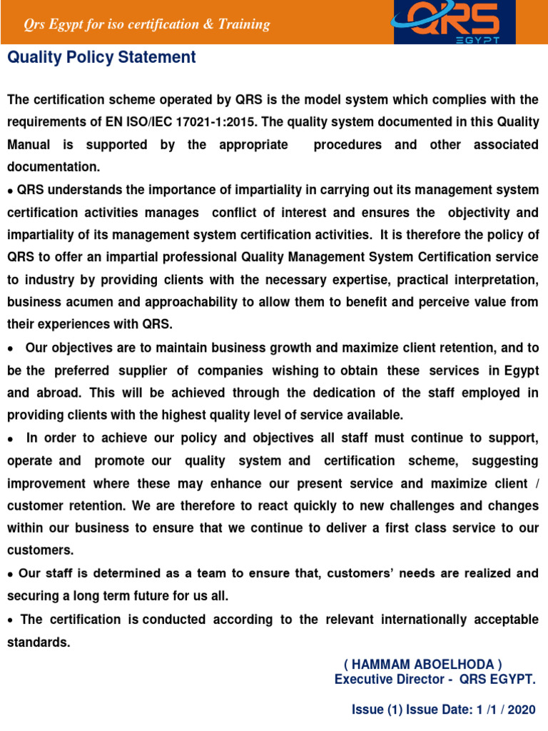 QRS Quality Policy Statement Overview | PDF