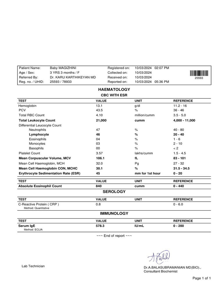 LabReport L6 BabyMAGIZHINI3YRS3months F 11 03 202420240311 2 3wj08a | PDF | White Blood Cell ...