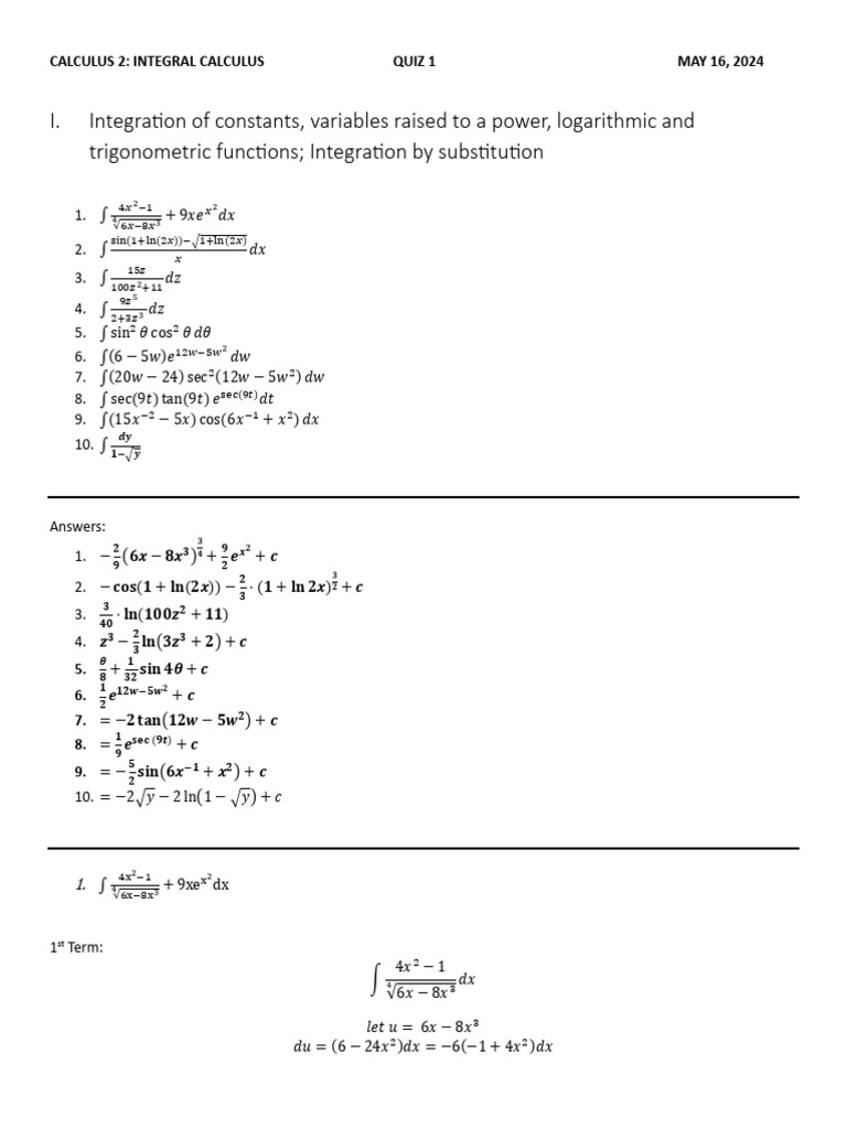 CALC 2 - Quiz 1 (With Solutions) | PDF | Mathematical Analysis | Mathematical Concepts
