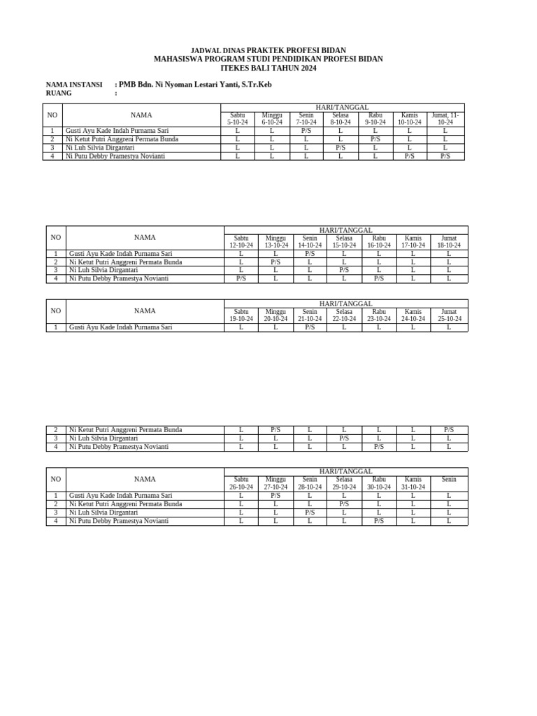 Jadwal Dinas Praktek Profesi Bidan | PDF