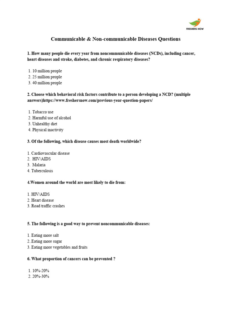 Communicable Non Communicable Diseases Model Papers | PDF | Non ...
