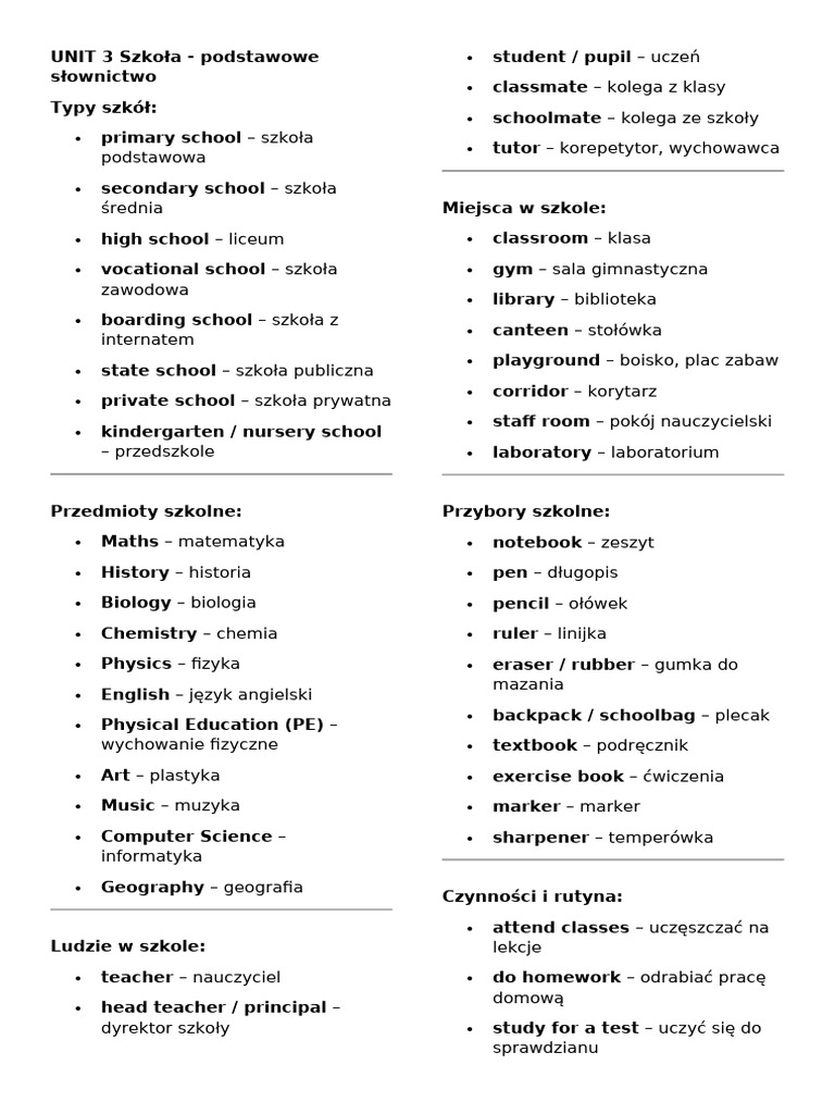 Unit 3 - School Education Vocabulary Basic Matura | PDF