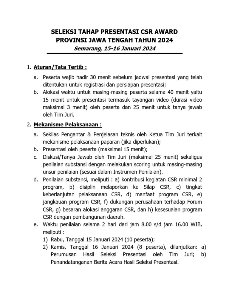 Aturan Dan Tata Tertib Tahap Presentasi CSR Award 2024 | PDF