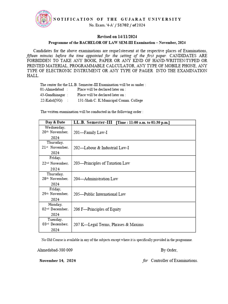Revised LLB Semester-III Dt.20!11!2024 | PDF
