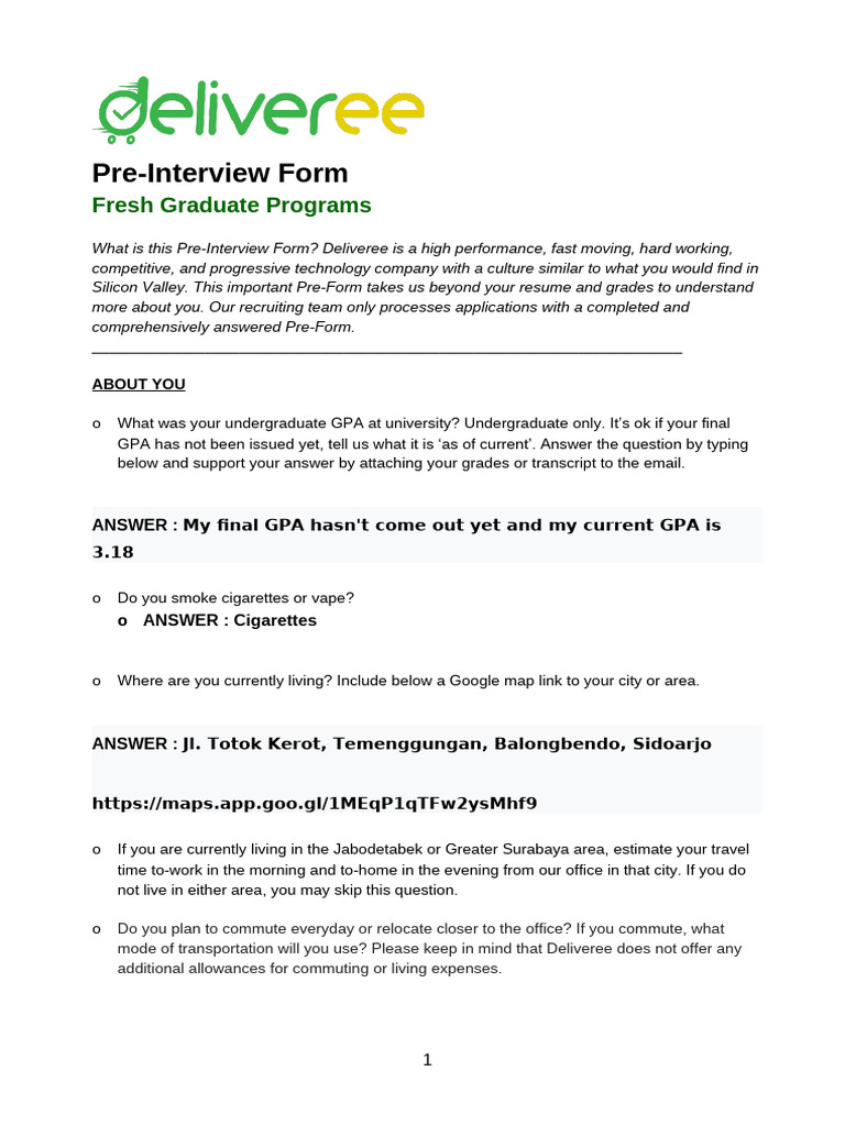Pre-Interview Form for Fresh Graduates | PDF