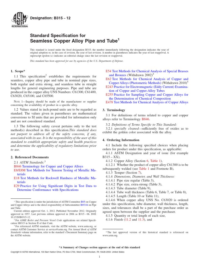 B315-12 Standard Specification For Seamless Copper Alloy Pipe and Tube ...