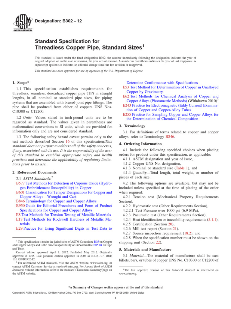 B302-12 Standard Specification For Threadless Copper Pipe, Standard Sizes | PDF | Engineering ...