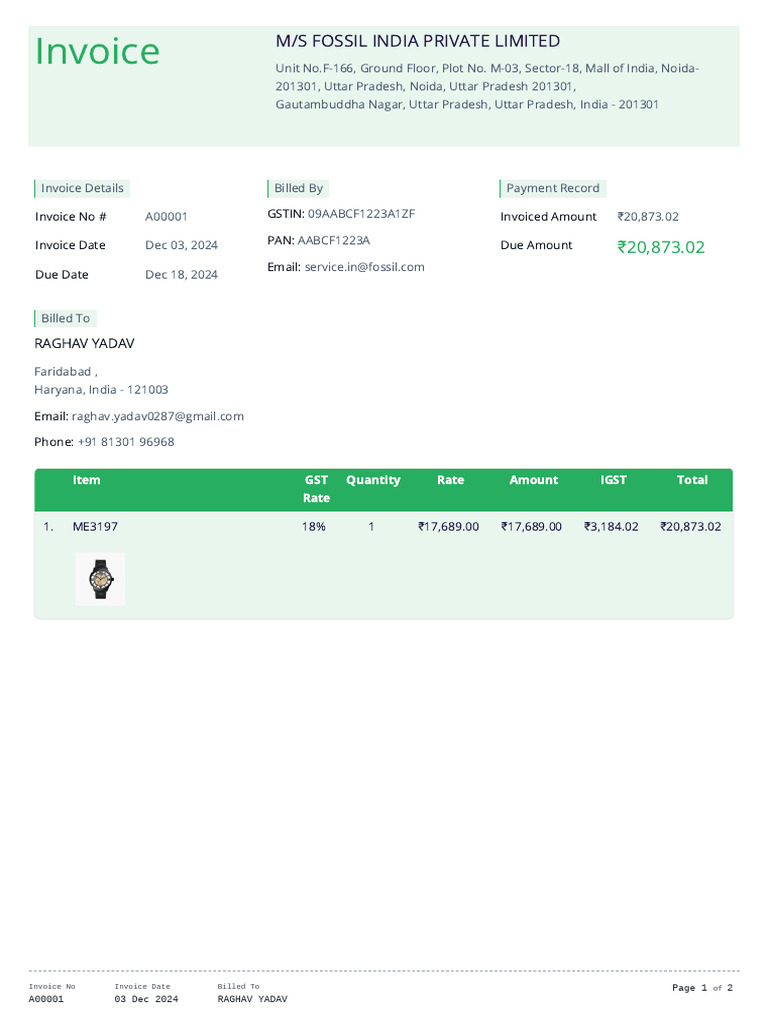invoice-a00001-ms-fossil-india-private-limited-raghav-yadav | PDF