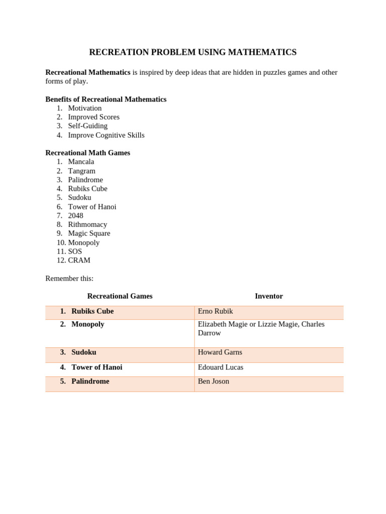 Recreation Problem Using Mathematics | PDF