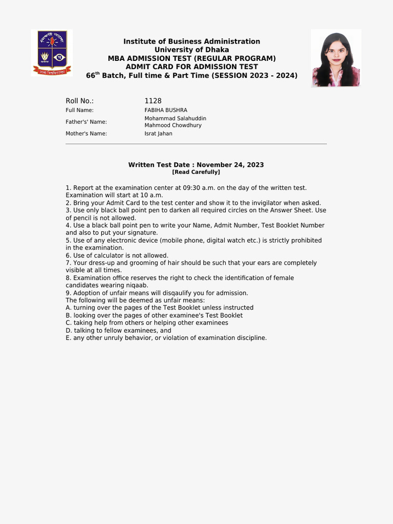 IBA MBA Admission Test Admit Card 2023 | PDF