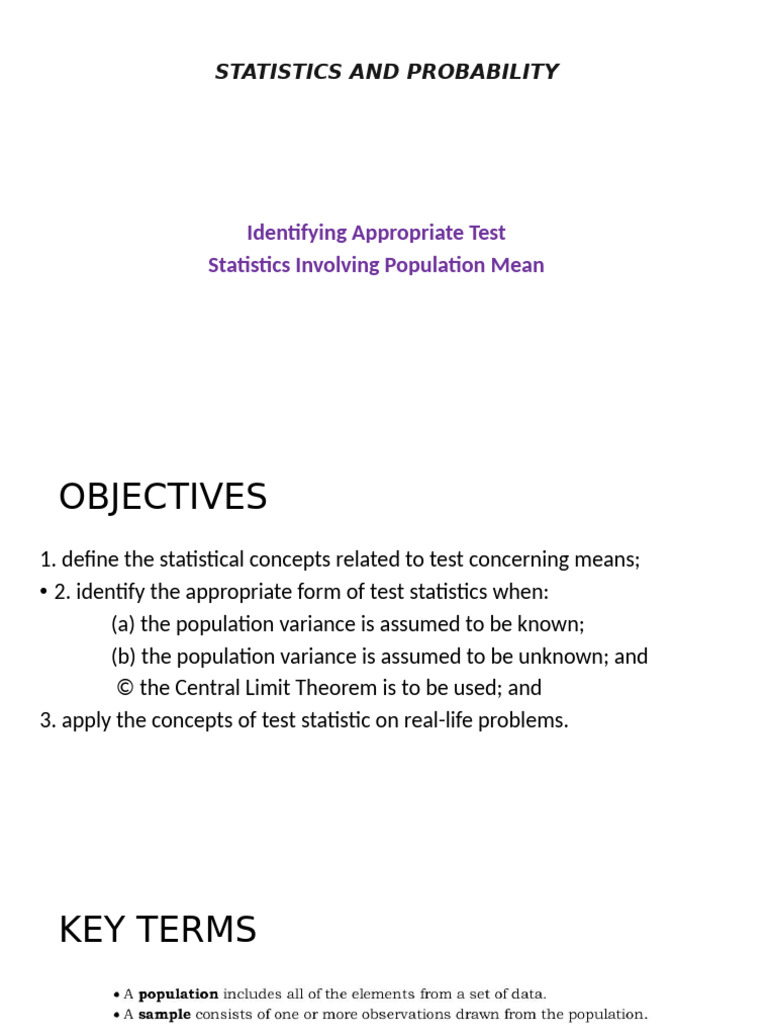 Test Statistics for Population Means | PDF