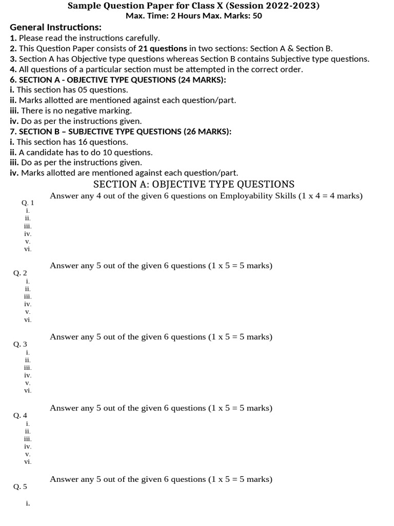 Class 10 Sample Question Paper 2022-23 | PDF