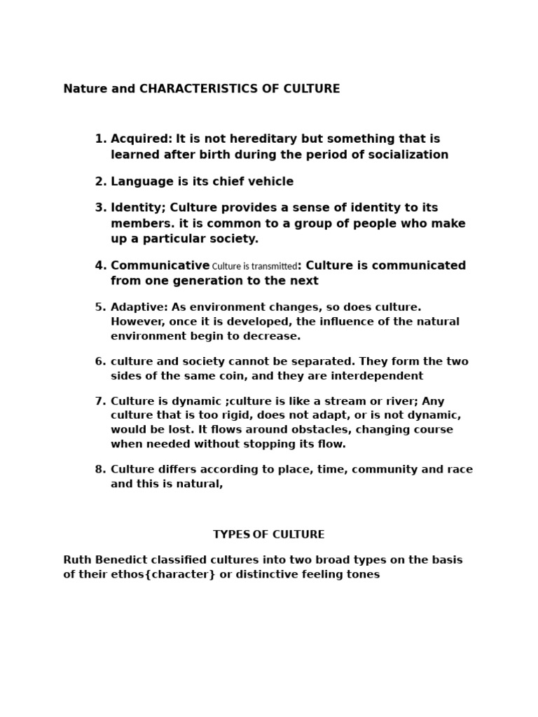 Nature and CHARACTERISTICS OF CULTURE | PDF | Folklore | Society