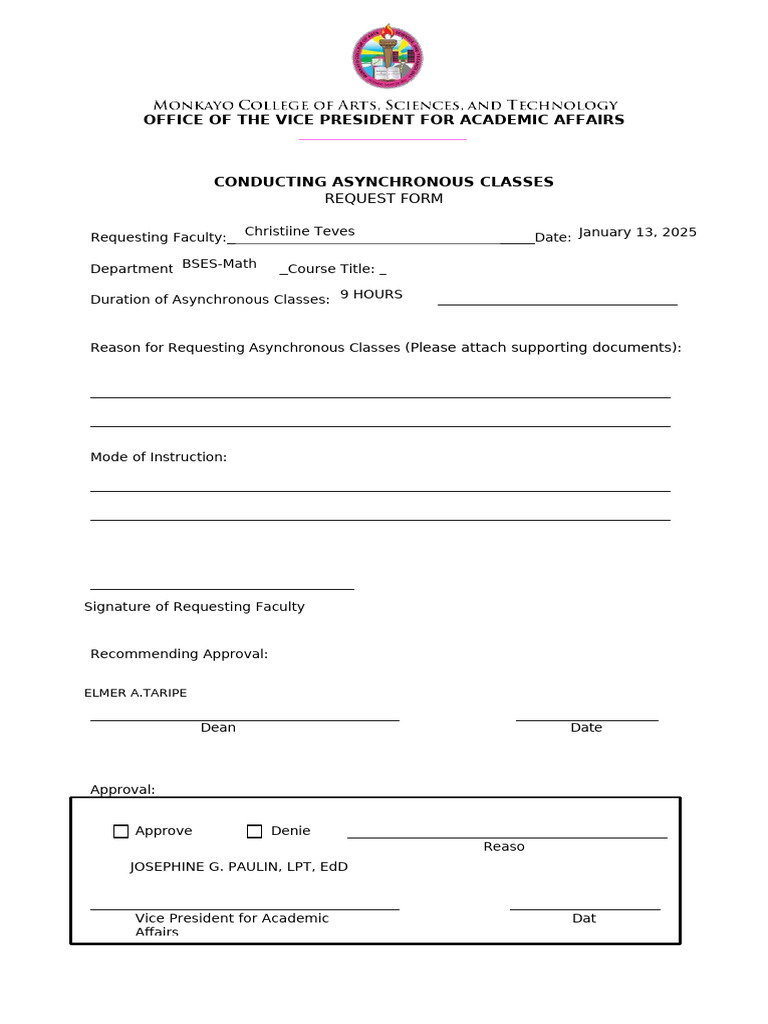 Asynchronous Class Request Form | PDF