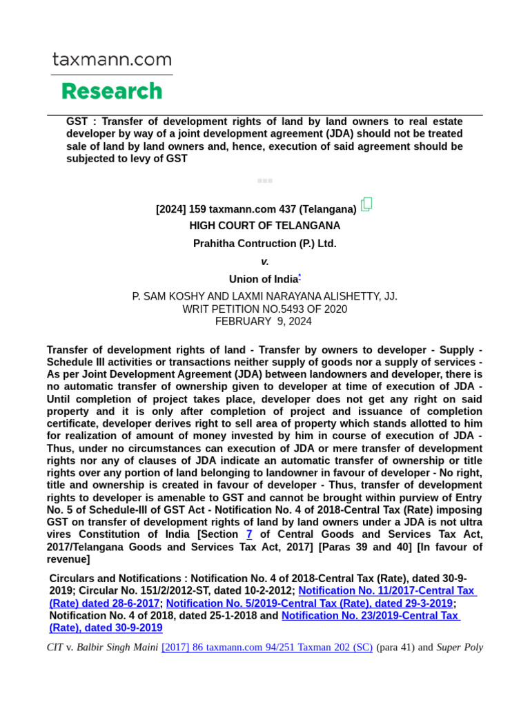 Prahitha Contruction PLtdvs Unionof India TLHC | PDF | Taxes | Property